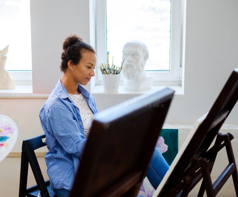 African American Student Working in a Painting Studio Stock Image ...