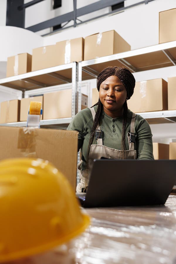 African American Supervisor Using Cardboard Boxes Stock Image - Image ...