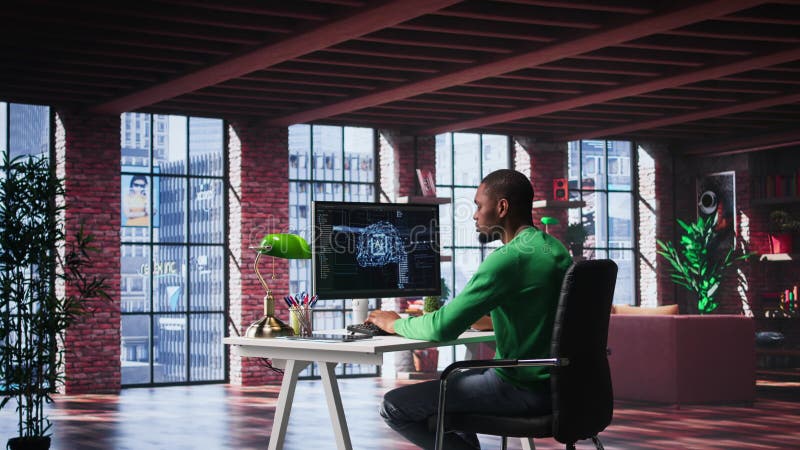 African American Technician Writes Code on AI Brain Neural Network ...