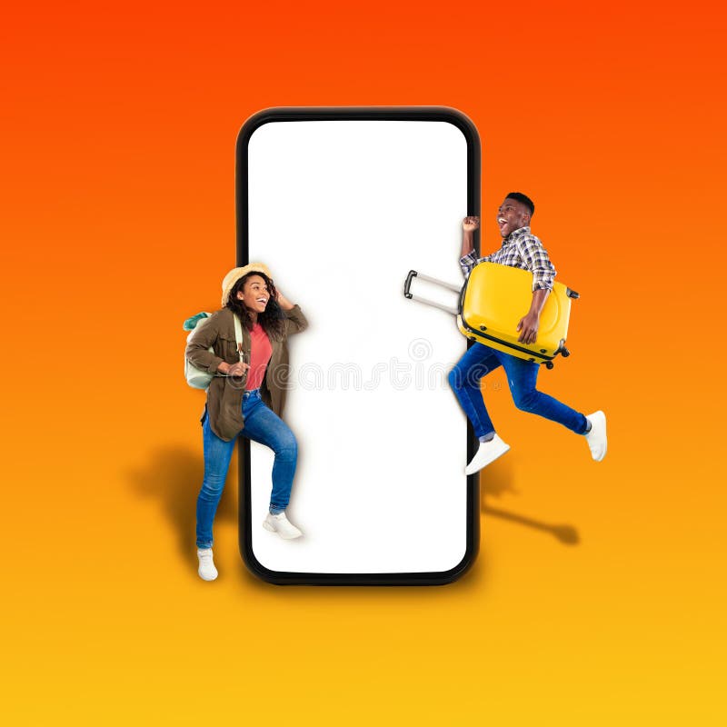 African American Tourists Couple Jumping Near Phone Over Orange ... African American Tourists Couple Jumping Near Phone Over Orange ...