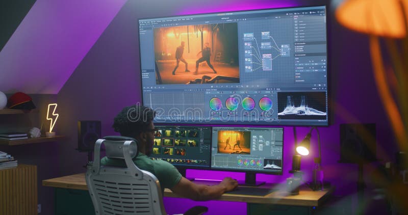 African American Video Maker Edits Action Movie on Computer Stock Image ...
