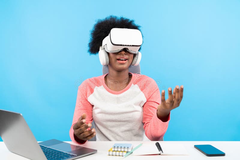 African American in VR Using Laptop Study Group Class Online ...