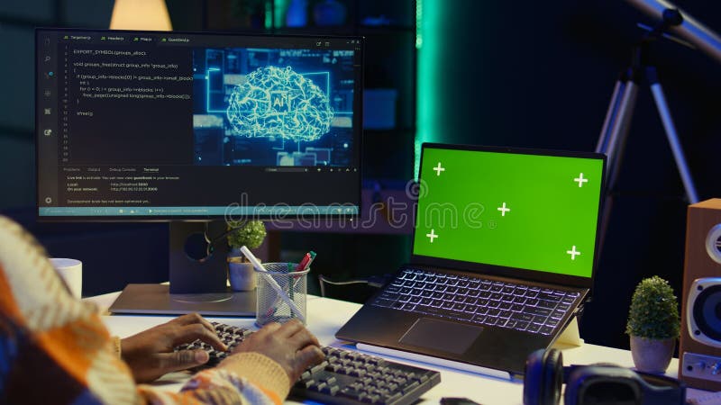 African American Web Developer Using Isolated Mockup Pc Writing Code Stock Photos - Free ...