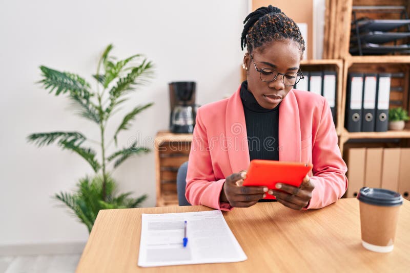 African American Woman Business Worker Using Touchpad at Office Stock ...