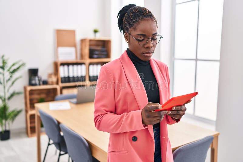 African American Woman Business Worker Using Touchpad Standing at ...