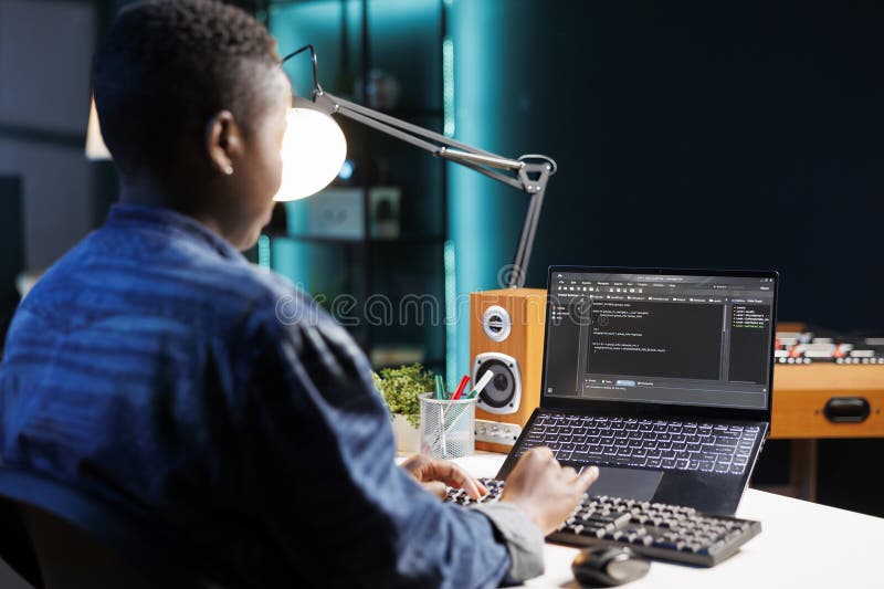 African American Woman Coding at Desk Stock Image - Image of network ...