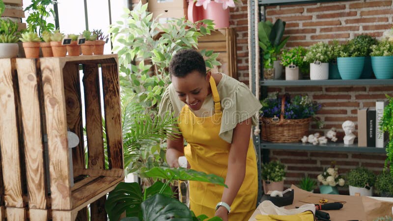 African American Woman Florist Using Difusser Working at Florist Stock ...