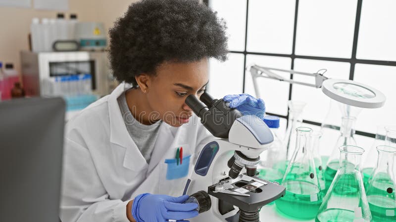 African American Woman Scientist Using Microscope in Laboratory Setting ...