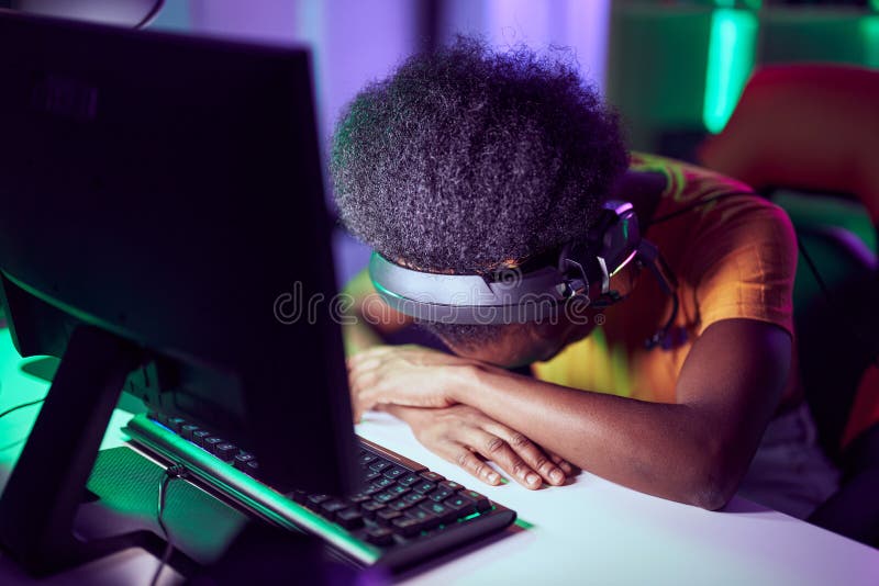 African American Woman Streamer Stressed Using Computer at Gaming Room ...