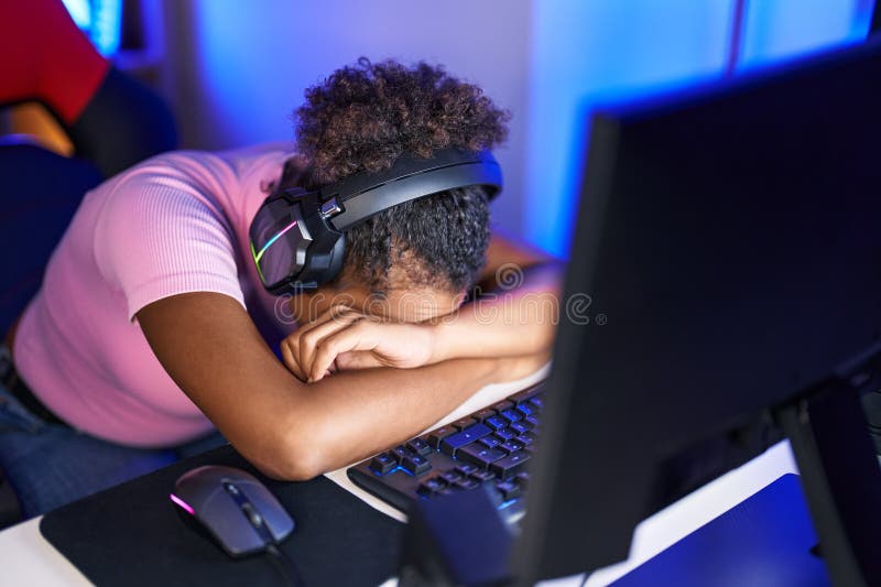 African American Woman Streamer Stressed Using Computer at Gaming Room ...