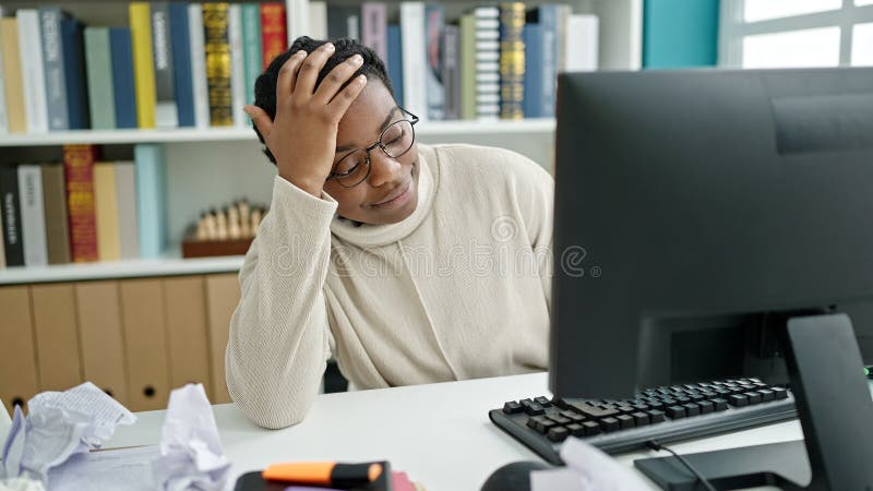 African American Woman Student Using Computer Stressed at Library University Stock Image - Image ...