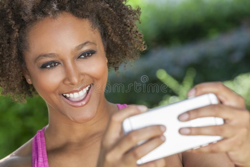 African American Woman Taking Selfie Photograph Smartphone Stock Image