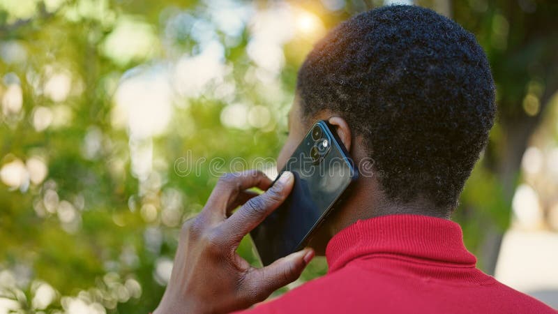 African American Woman Talking on Smartphone Backwards at Park Stock ...