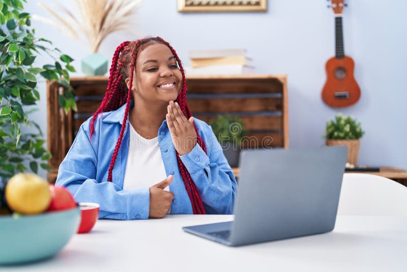 African American Woman Using Laptop Communicate with Deaf Language at ...
