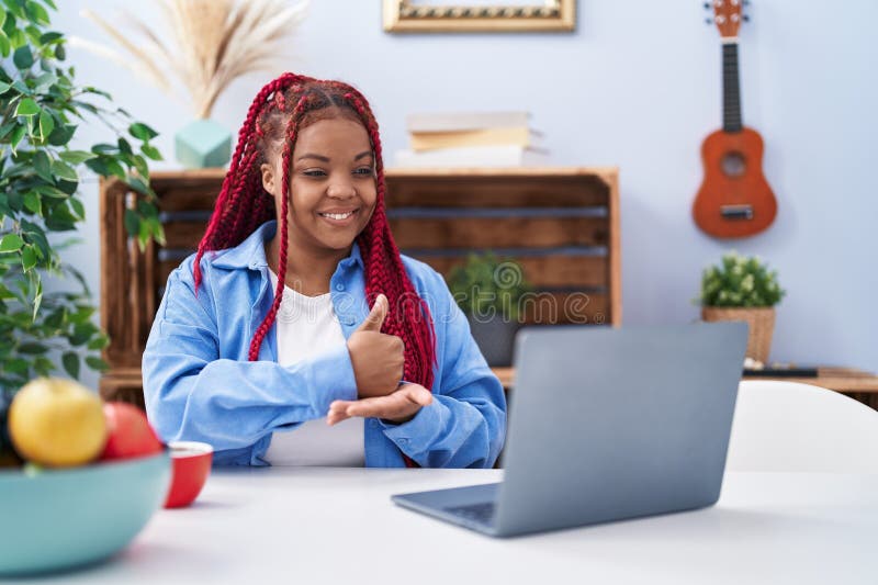 African American Woman Using Laptop Communicate with Deaf Language at ...
