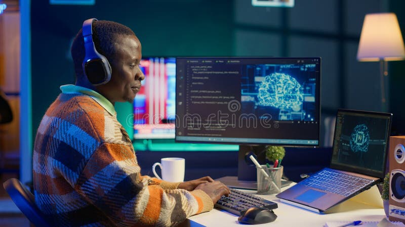African American Worker Desk Using Personal Computer Programming Stock ...