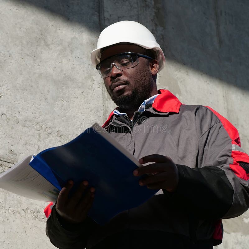 African American Worker Stands at Construction Site with Work Papers ...