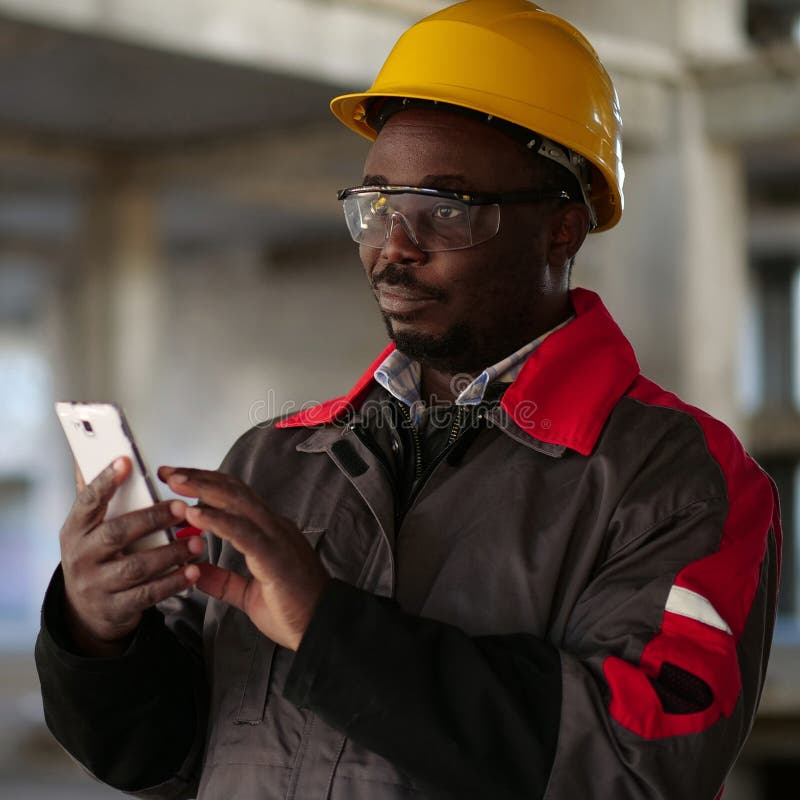 African American Workman Smartphone Construction Site Stock Photos ...