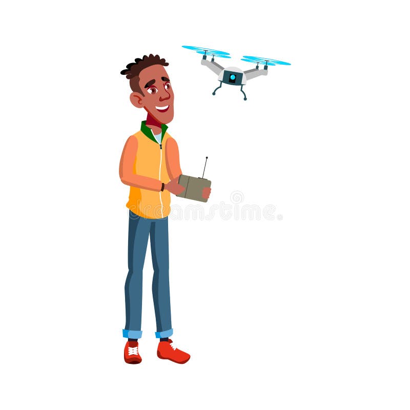 African Boy Controlling Drone Fly with Remote Control in Park Cartoon ...