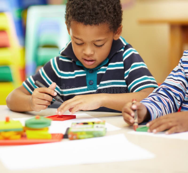 African Boy, Learning and Writing at Kindergarten with Paper, Crayon ...