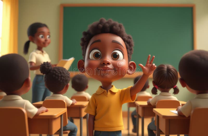 African Boy with Raising His Hand in Elementary School Class Stock ...