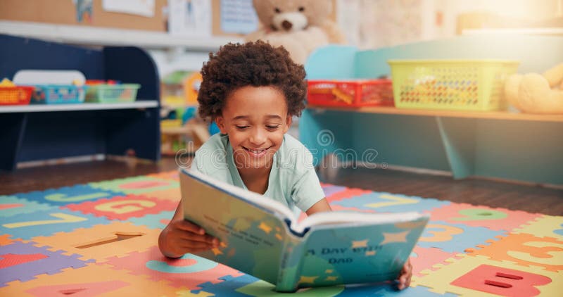 African Boy, Reading Book and Floor in Classroom for Development ...