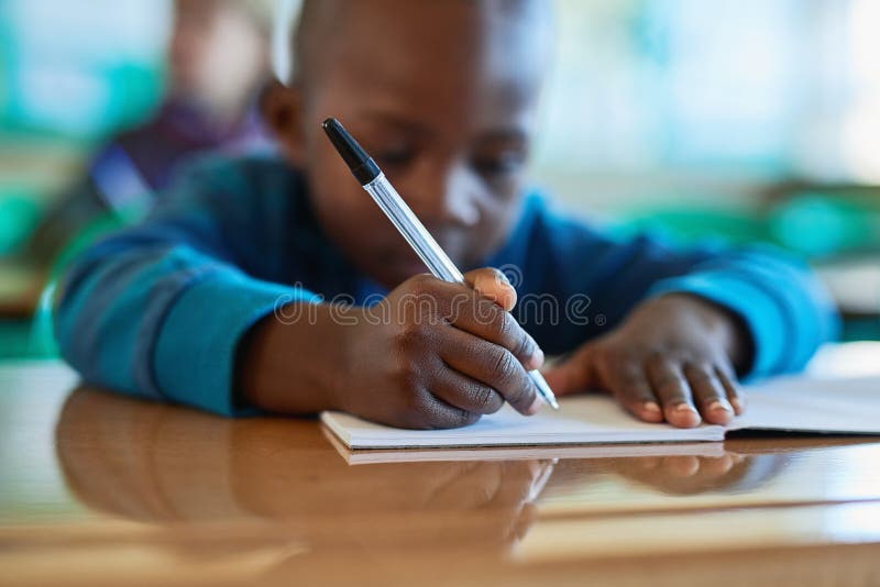 African Boy, Writing and Book at School for Learning, Listen and ...