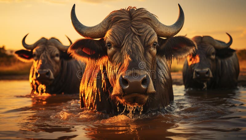 African Buffalo Herd Grazing in Wet Savannah at Sunset Generated by AI ...