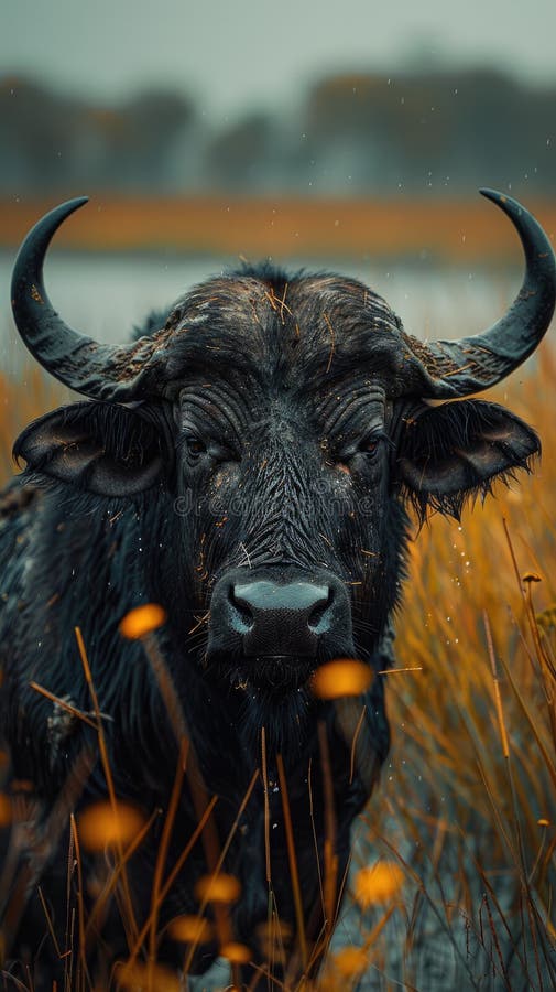 African Buffalo Standing in Water Stock Illustration - Illustration of ...