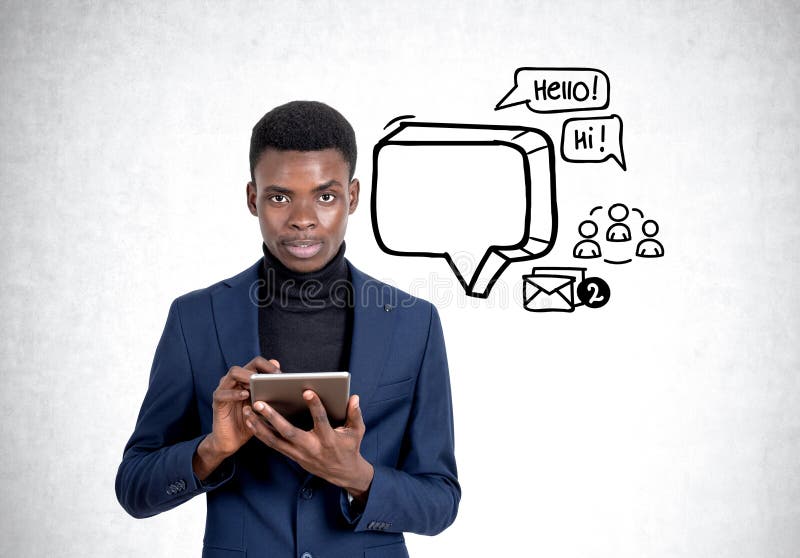 African Businessman Using Tablet, Empty Text Bubble and Network Stock ...