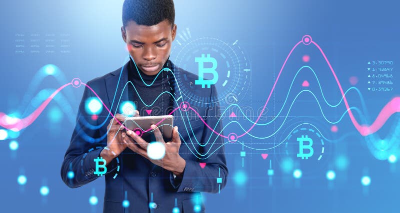 African Businessman Using Tablet in Hands, Bitcoin Chart with Ca Stock ...