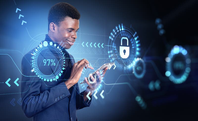 African Businessman Using Tablet, Padlock Hud with Lines and Arrows ...