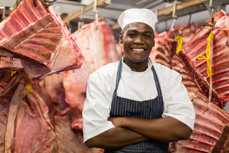 African Butcher Meat Storeroom Stock Photo - Image of handsome, butcher ...
