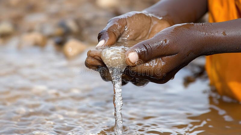 African Child Filtering Water through Hands in Clean Water Initiative ...