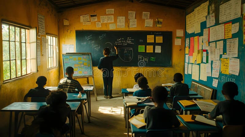 African Children Learning in Classroom with Teacher Writing on ...