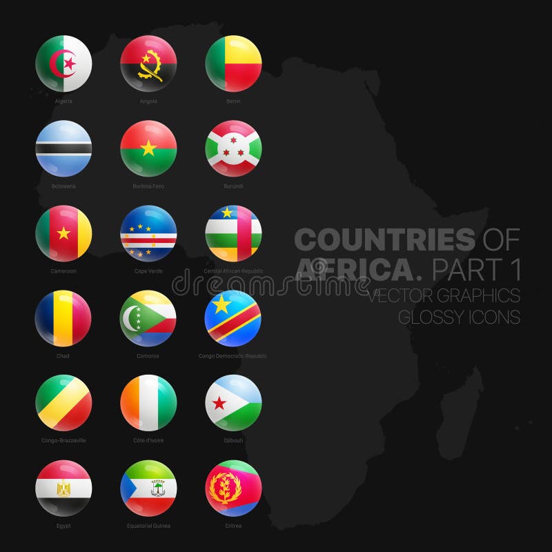 African Countries Flags Glossy Round Icons Set Isolated on Black ...