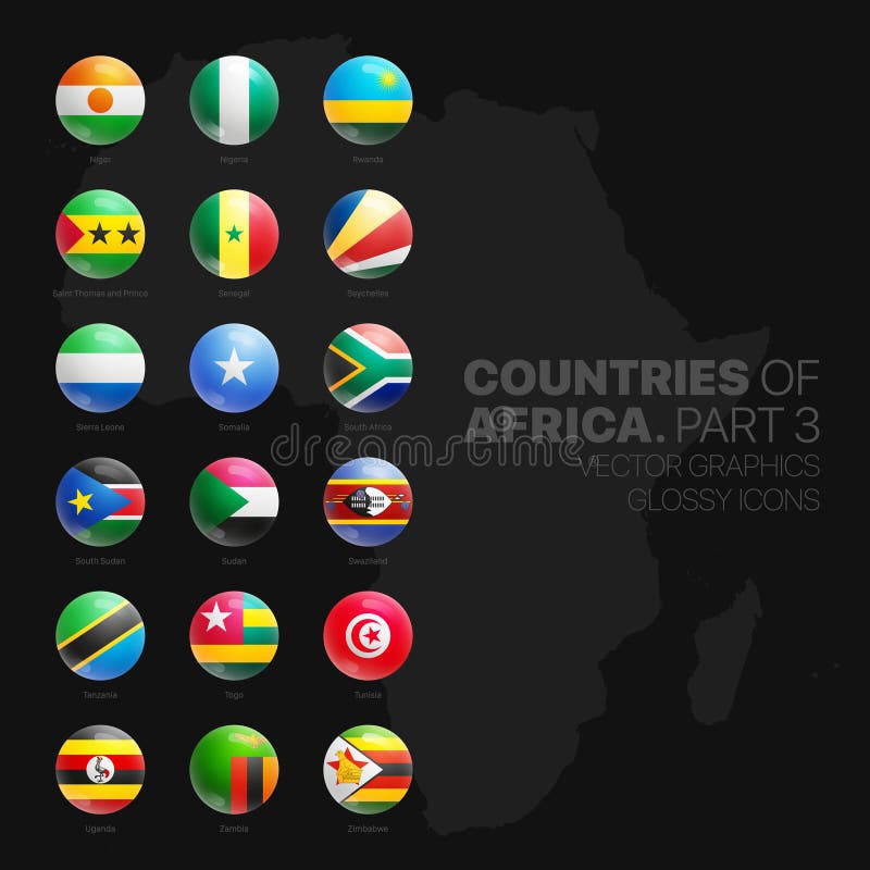 African Countries Flags Glossy Round Icons Set Isolated on Black ...