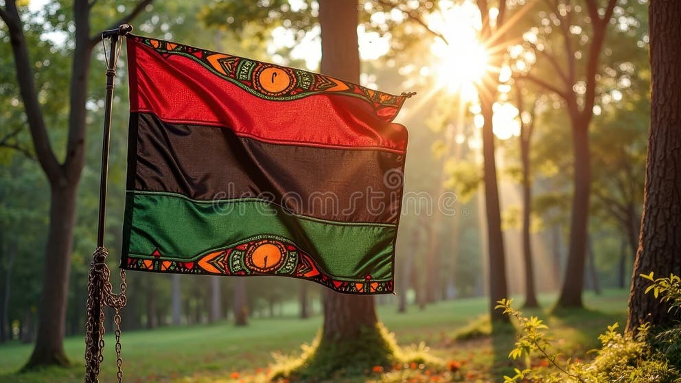 African Cultural Flag in Forest at Sunrise with Sunlight Filtering ...