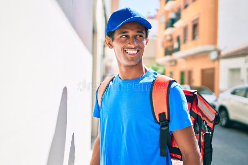 African Delivery Man Wearing Courier Uniform and Backpack Outdoors ...