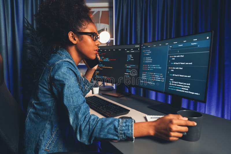 African it Developer Concentrating Codding Program on Laptop Screen ...