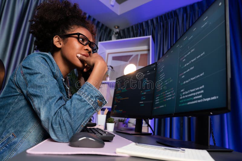 African it Developer Concentrating Codding Program on Laptop Screen. Tastemaker. Stock Image ...