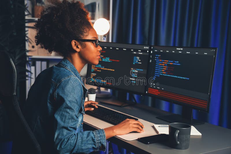 African it Developer Concentrating Codding Program on Laptop Screen ...
