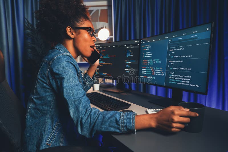 African it Developer Concentrating Codding Program on Laptop Screen ...