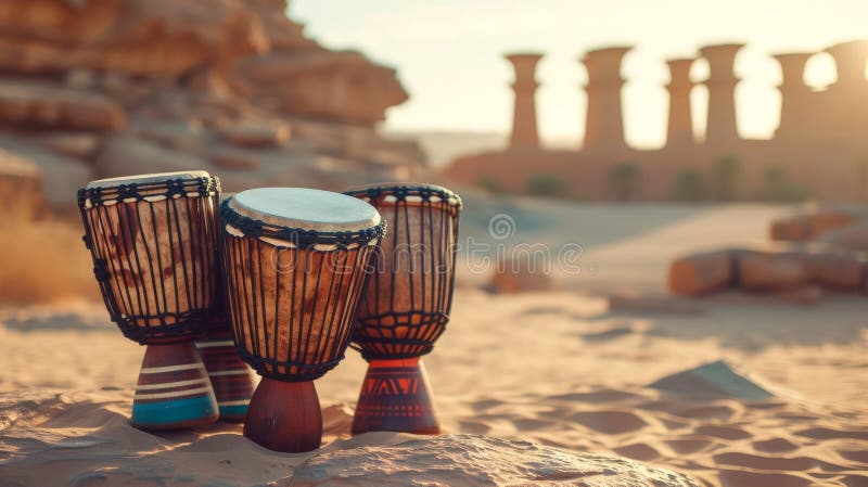 African Drums in Desert with Ancient Ruins in Background Stock Image ...