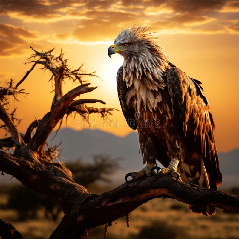 African Eagle Perched on a Tree Branch, Feathers Billowing in Wind Stock Illustration ...