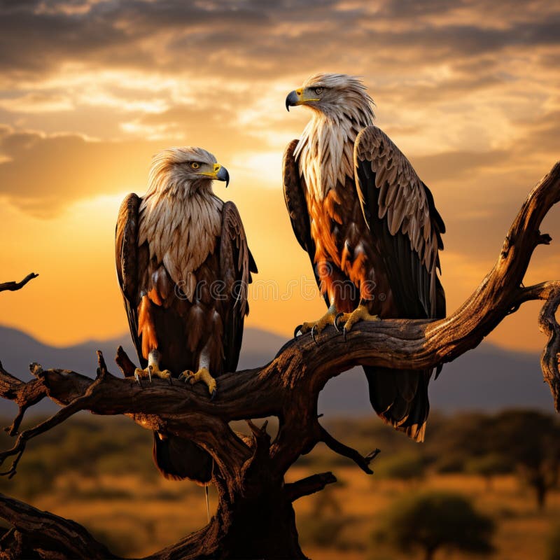 African Eagle Perched on a Tree Branch, Feathers Billowing in Wind Stock Illustration ...