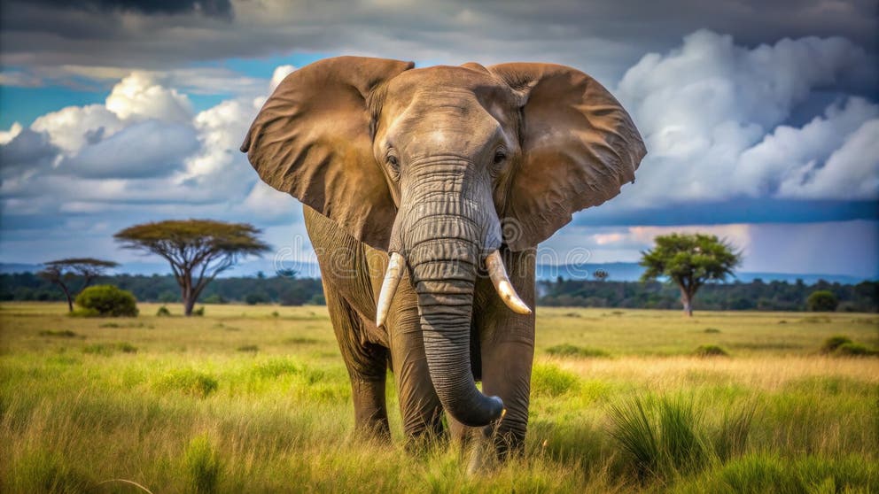 African Elephant Front View, Savannah Landscape, Dramatic Sky Stock ...