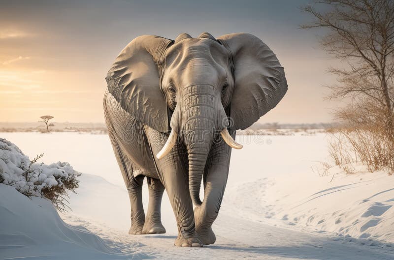 African Elephant Gracefully Walking in the Snow. Stock Photo - Image of ...