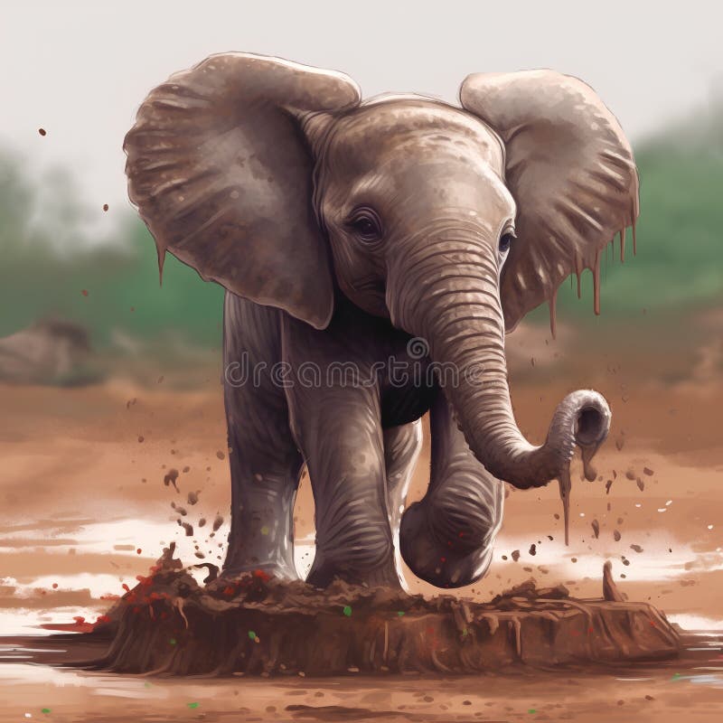 African Elephant in a Mud Puddle - 3D Render Illustration. Stock Image ...