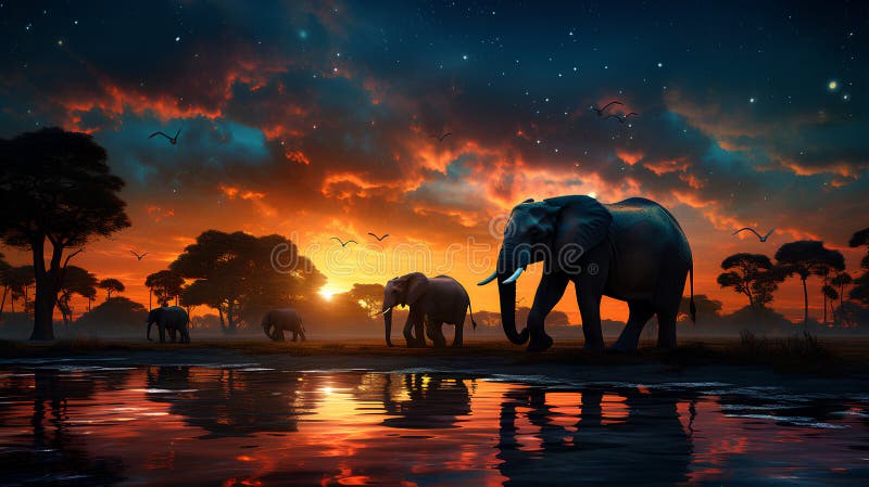 African Elephant in the Starry Night Stock Illustration - Illustration ...